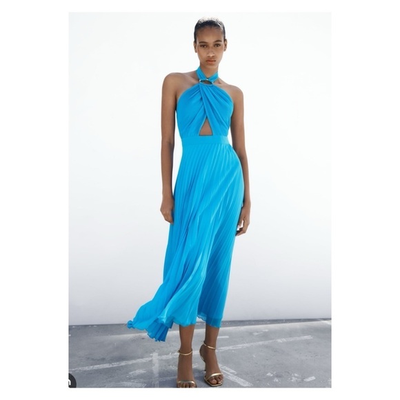 Zara | Dresses | Zara Blue Halter Neck Pleated Cutout Midi Cocktail ...
